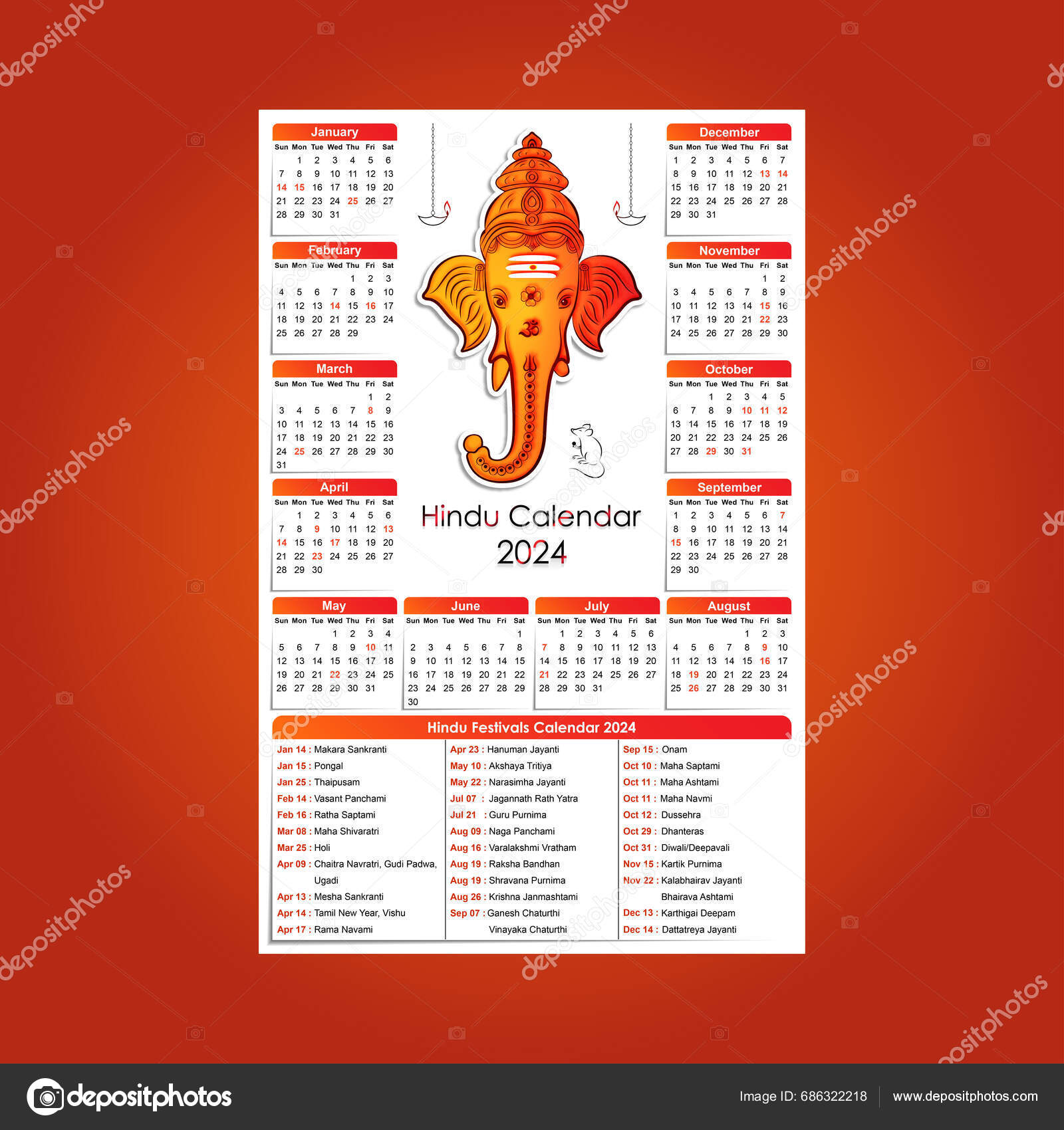 Ingyenes Vektor Hindu Fesztiválok Naptár 2024 Design Stock Vektor ...