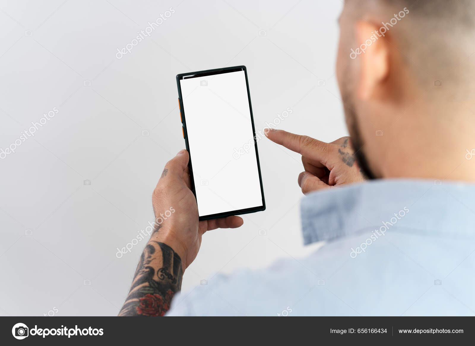 Back View Modern Man Holding Smartphone Using Mobile App Shopping Stock ...