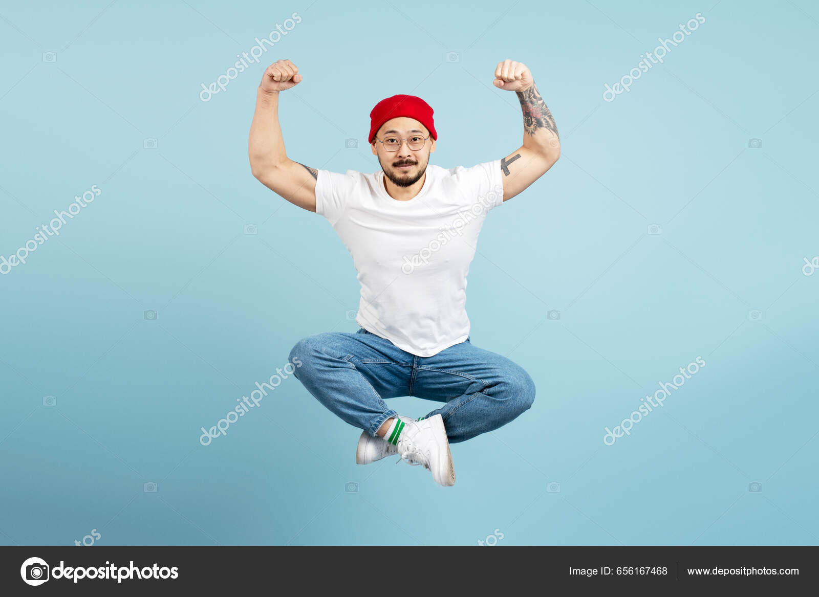 Strong Asian Man Bodybuilder Stylish Tattoo Showing Muscles Isolated ...