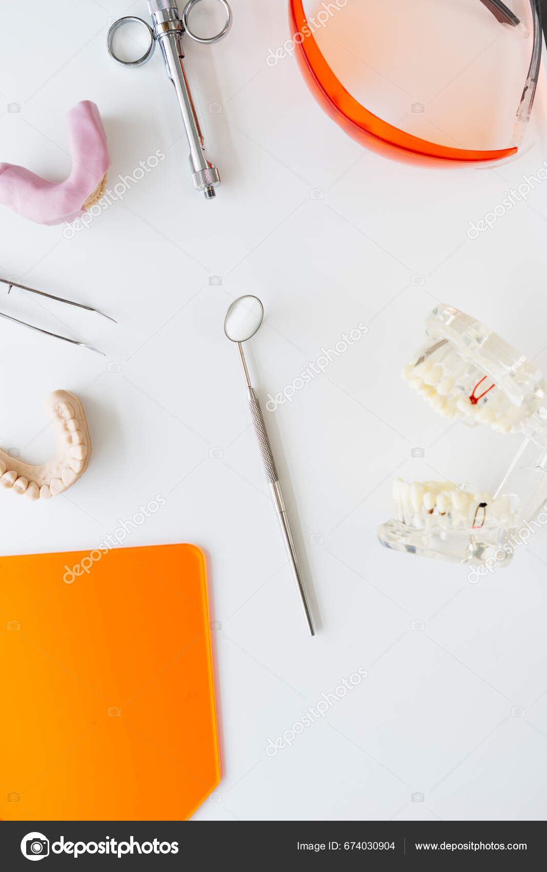 Top View Dental Mirror Iron Forceps Teeth Models Laying Table Stock ...