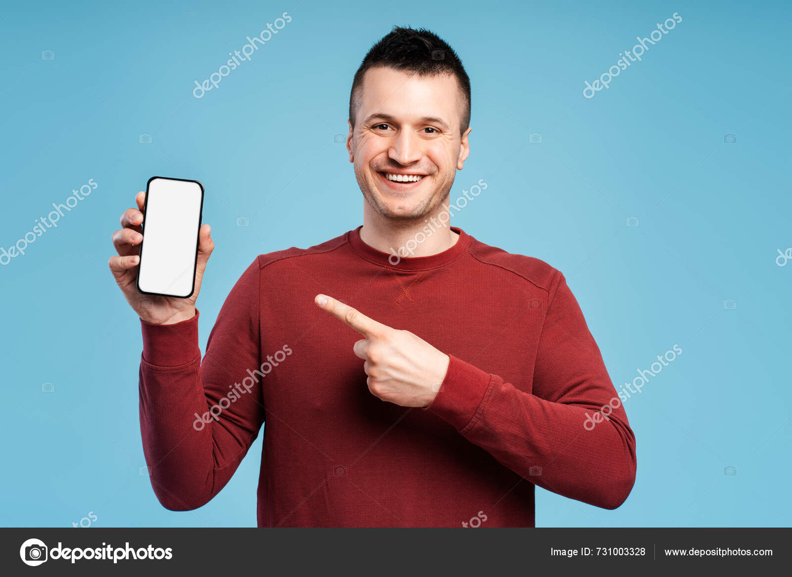 Smiling Handsome Man Pointing His Finger Screen His Mobile Phone ...