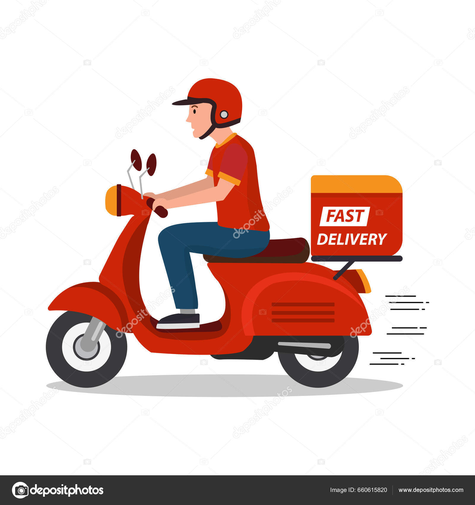 Man Riding Red Scooter Delivery Isolated White Background Online
