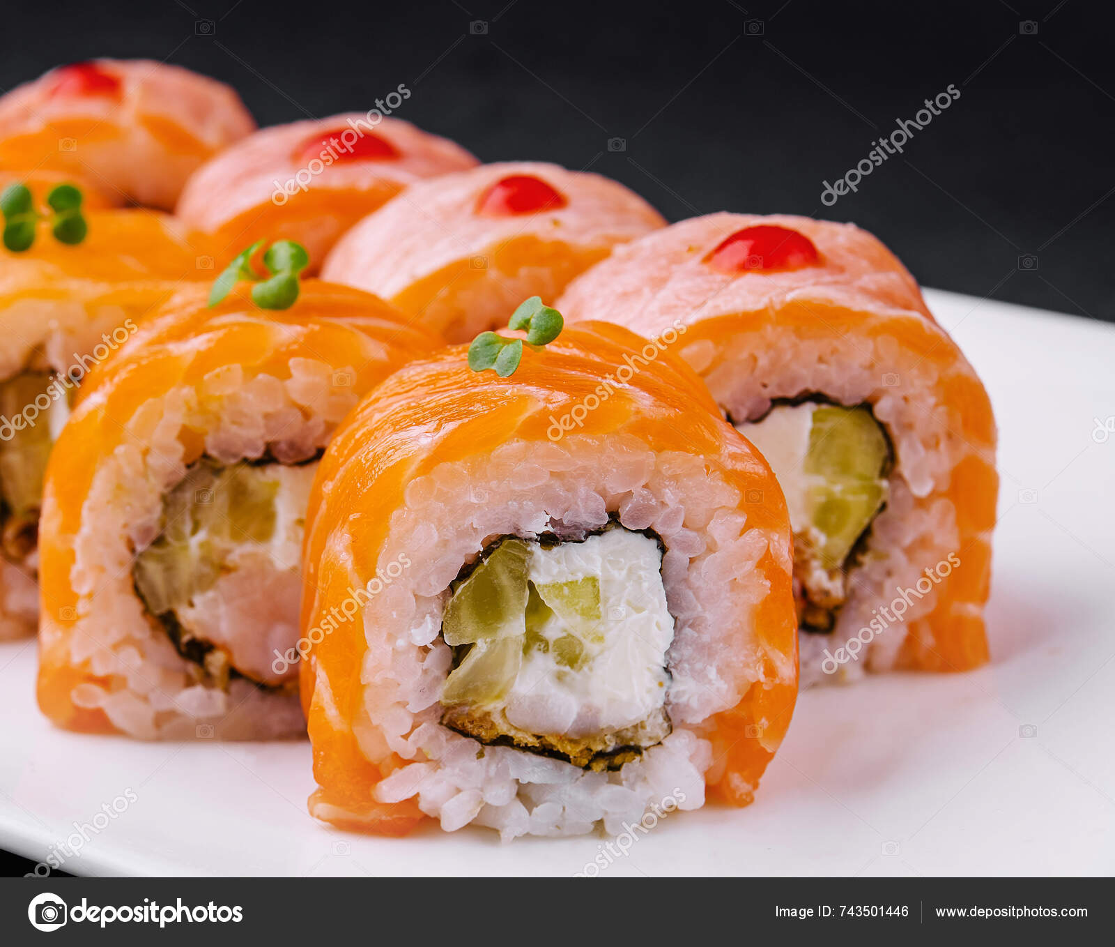 Elegant Sushi Rolls Salmon Avocado Cream Cheese Served Wasabi Ginger — Stock Photo ...
