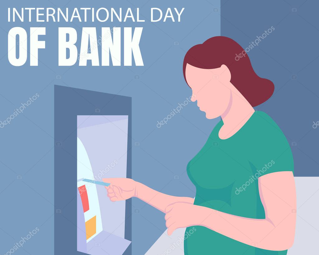 illustration vector graphic of a woman inserts atm card into the atm ...