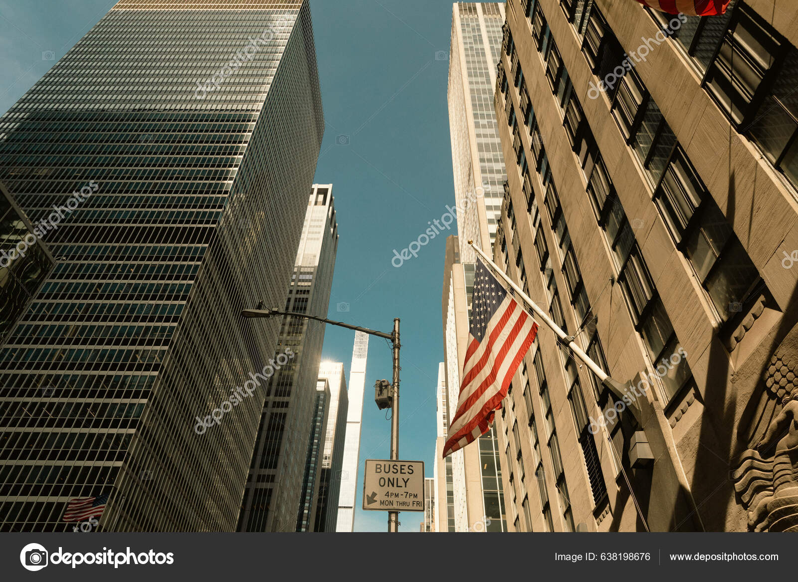Low Angle View Usa Flag Road Sign Modern Buildings New — Stock Photo ...
