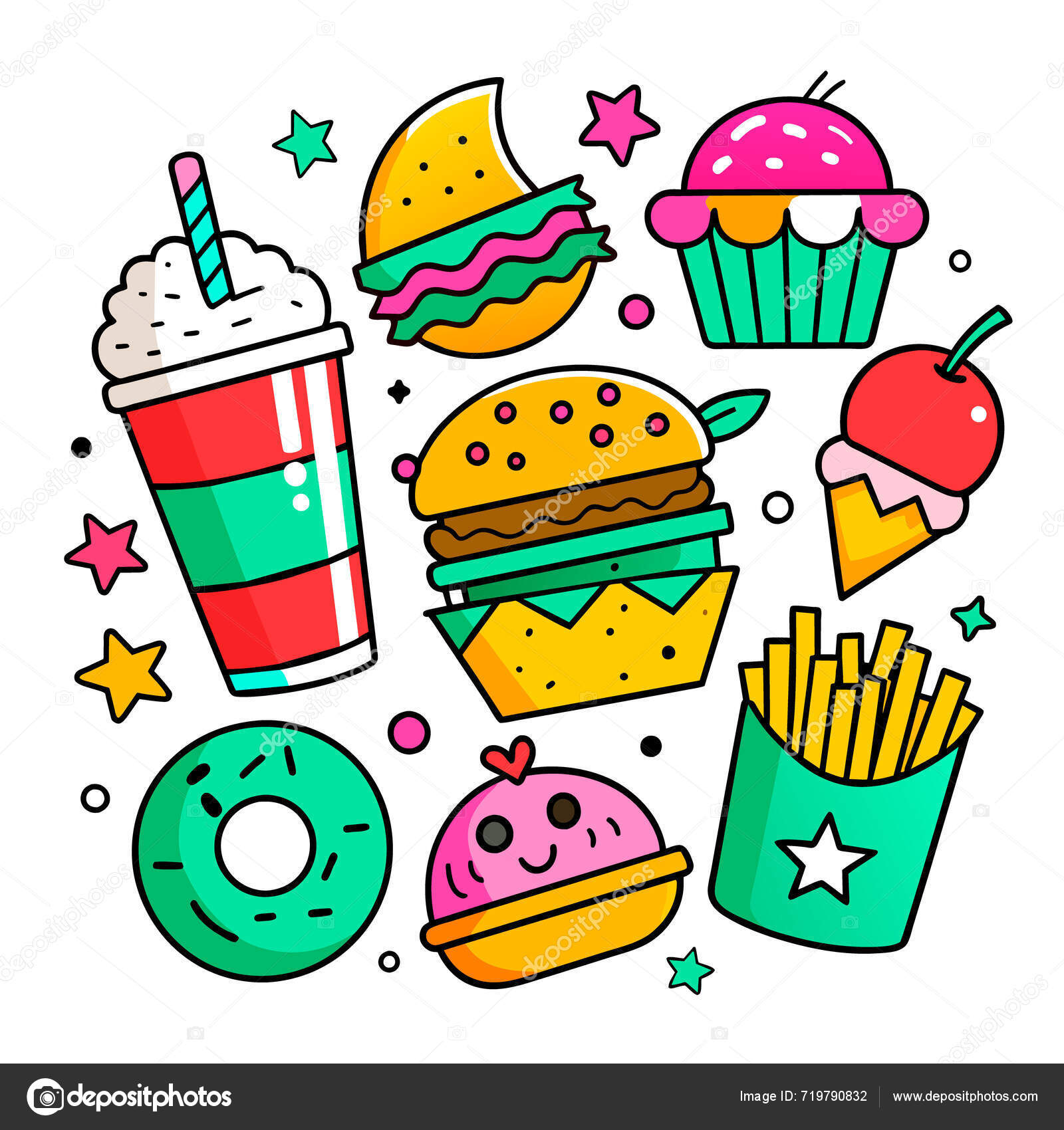 Conjunto Alimentos Lindo Garabato Colorido Ilustraciones Vector Clipart Vector de stock ...