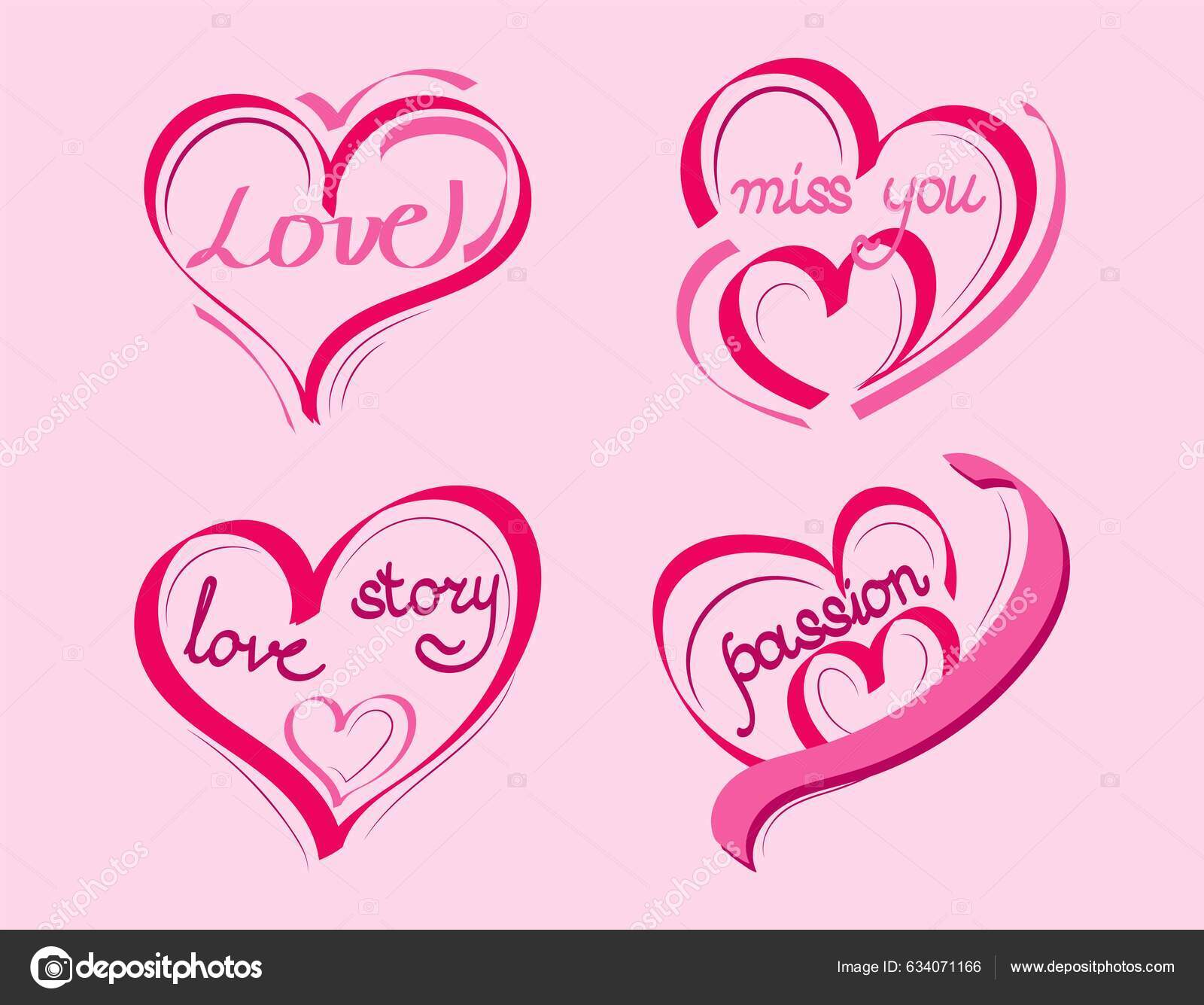 Hand Drawn Set Hearts Lettering Doodle Style Isolated Design Element ...