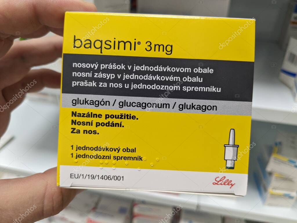 Praga, República Checa-9 de mayo de 2024: Baqsimi by ELI LILLY es un polvo de glucagón nasal ...