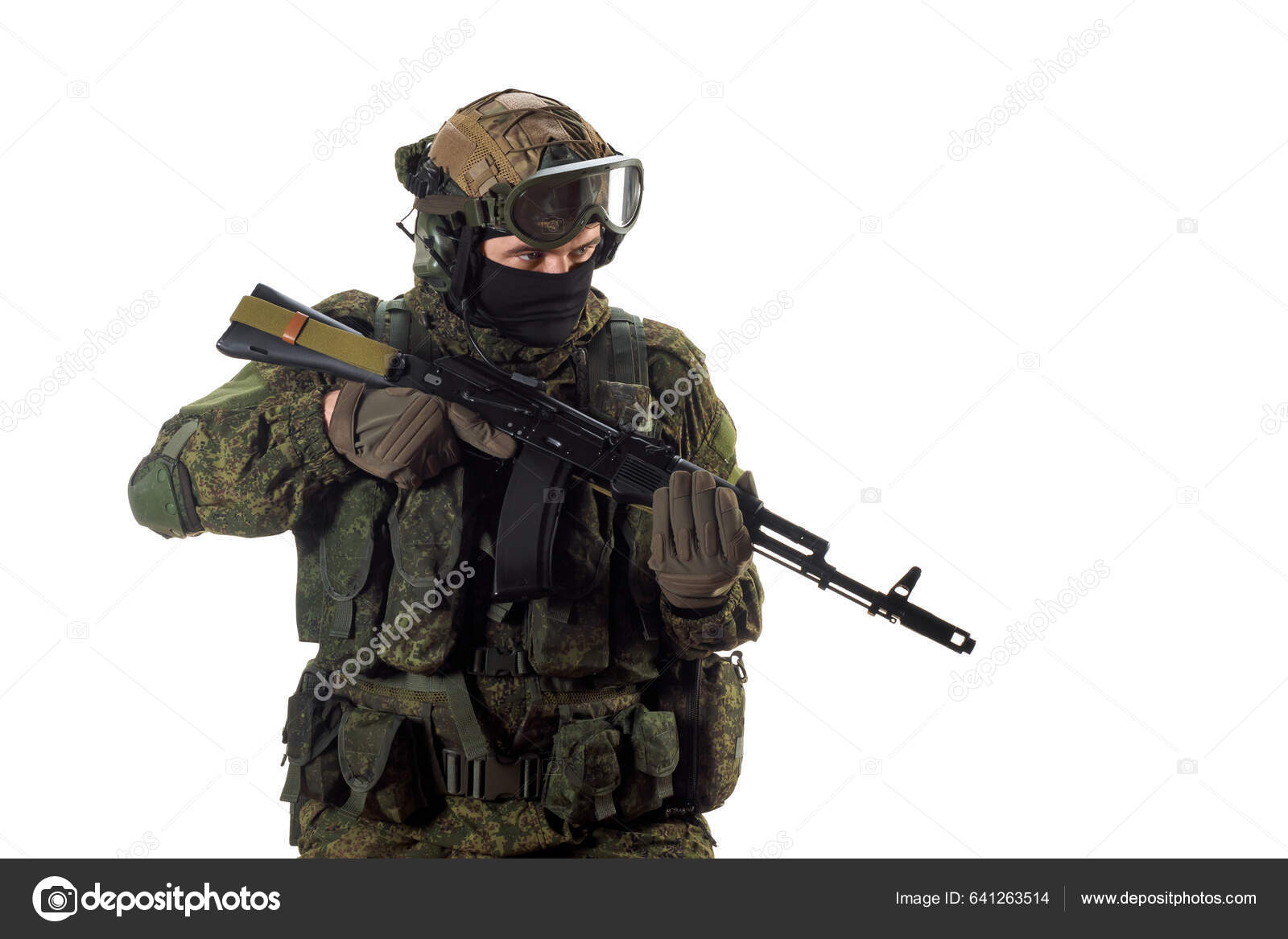 Russian Soldier Mercenary Machine Gun Carefully Looks Side While ...
