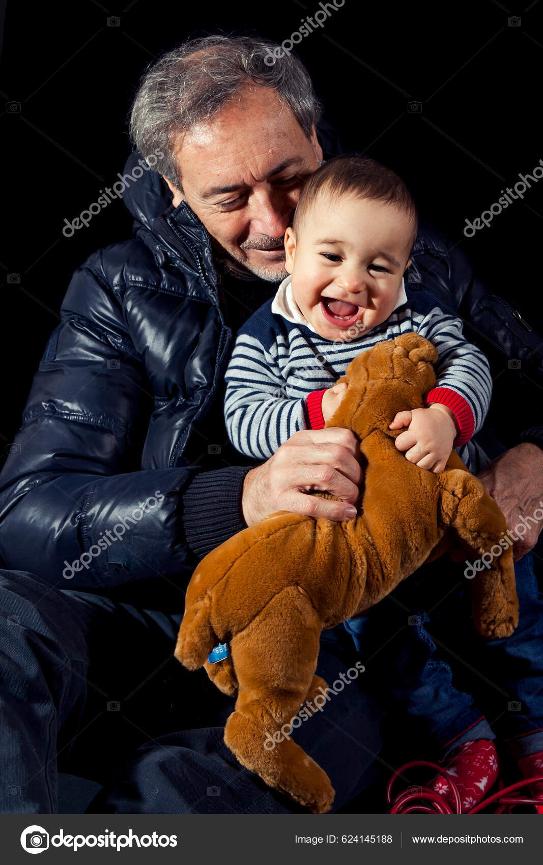 Portrait Smiling Little Boy Hugging His Parents Sitting Black ...