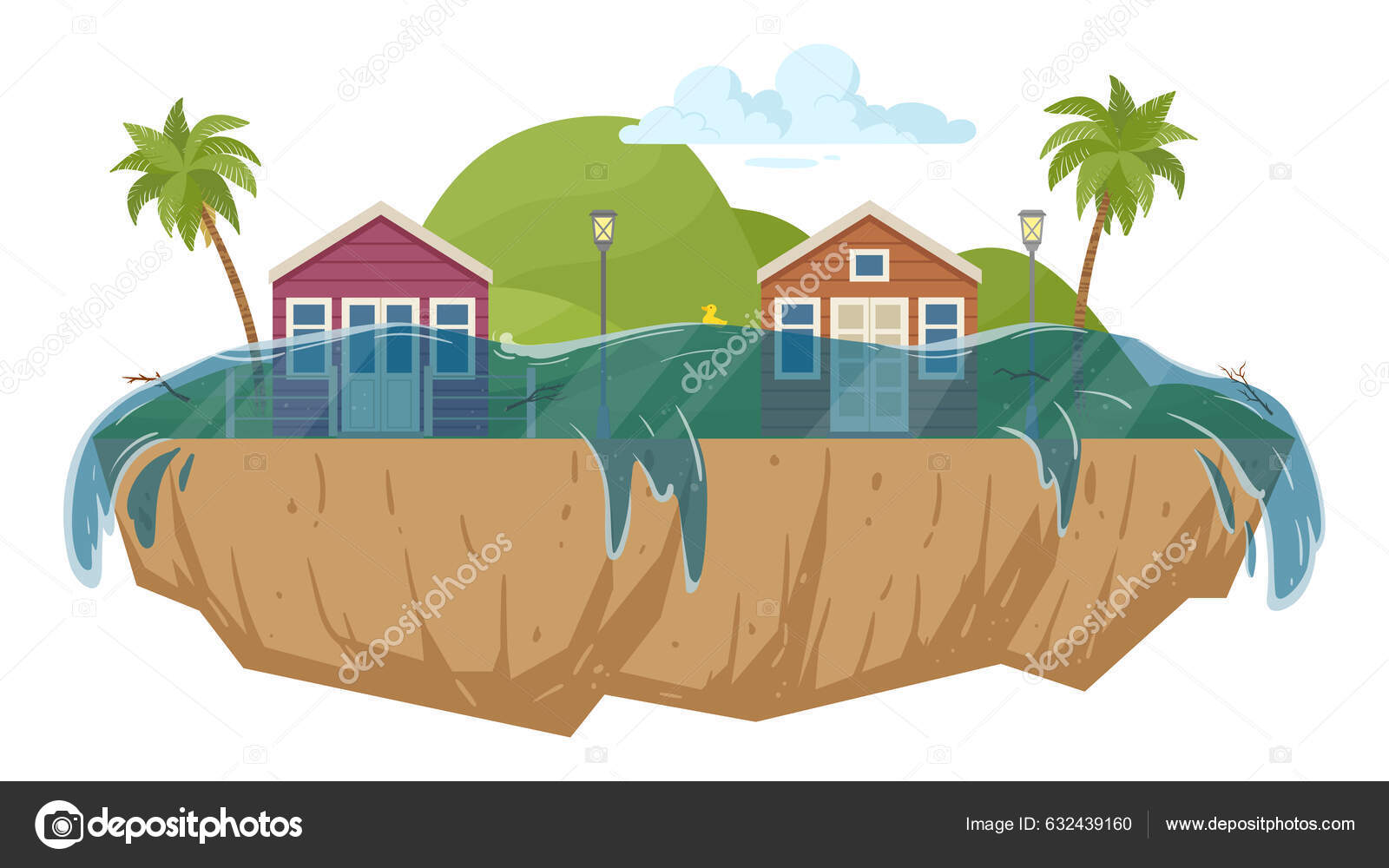 Cartoon Flood Natural Disaster Huge Ocean Waves Environmental Damage ...