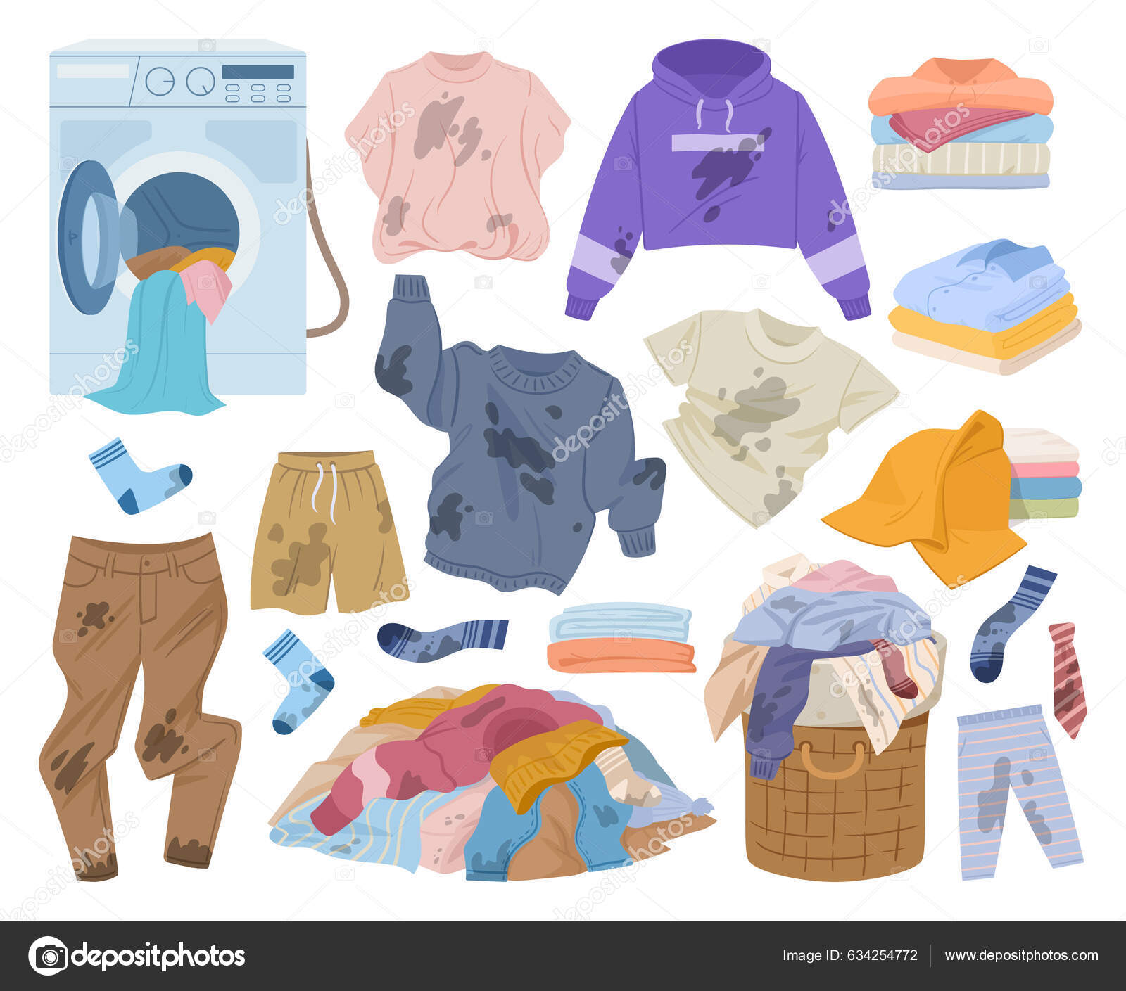 Cartoon Dirty Clothes Wrinkled Stained Clothes Laundry Basket Stack ...