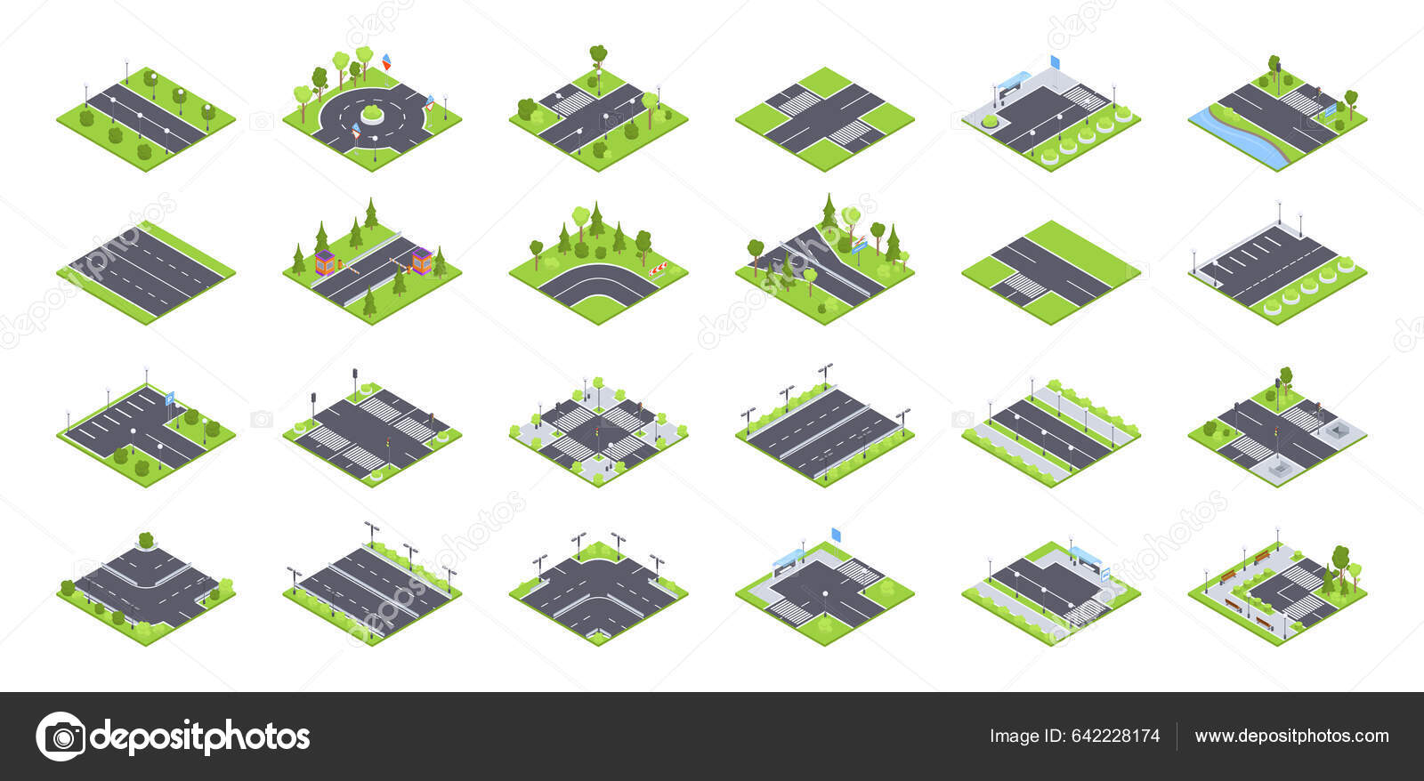 Isometric Urban Road Elements Street Roads Crossroads Traffic Lights ...