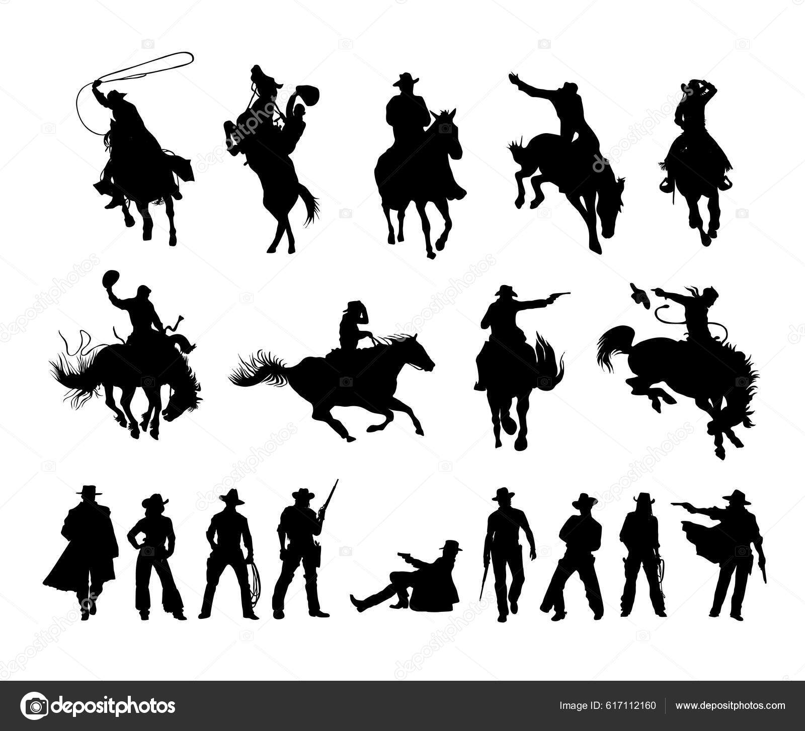 Set Wild West Silhouettes Cowboys Standing Walking Riding Horse ...