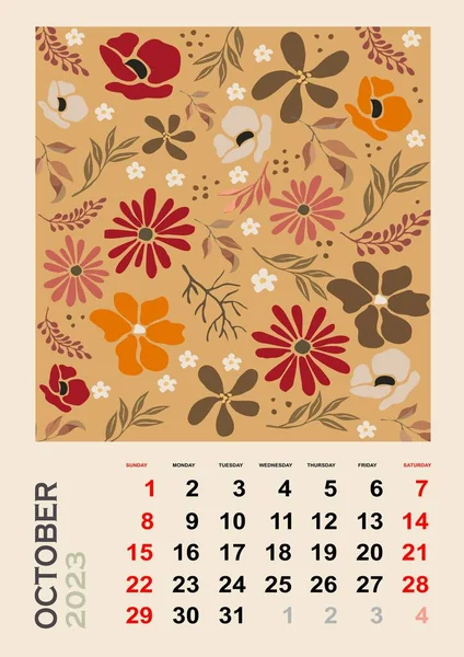 Floral calendar template for October 2023 . Vertical design with ...