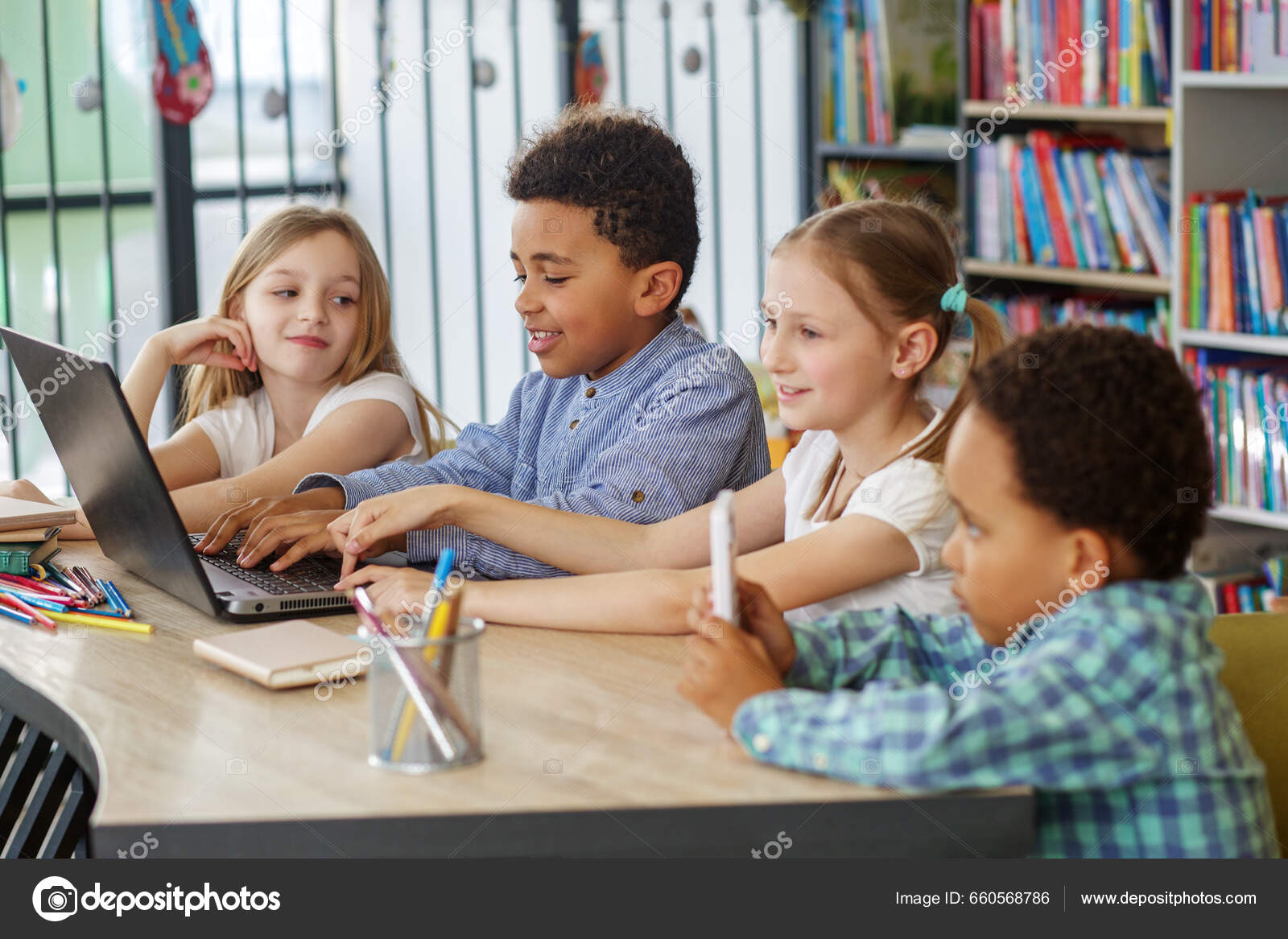 Multiethnic Group Children Sitting Row School Classroom Studying ...