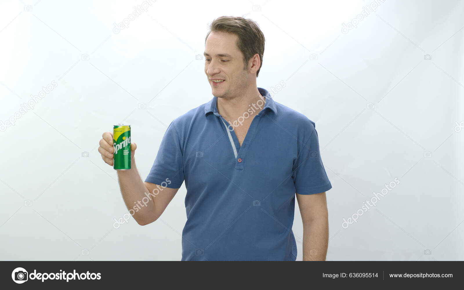 Man Drinks Carbonated Beverage Metal Bottle Young Man Drinking Sprite ...