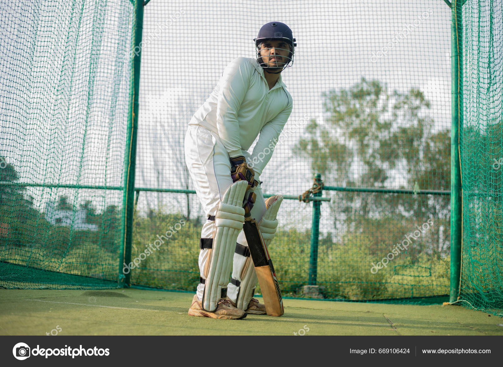 Cricket Batsman Waiting Bowler Bowl Player Ready More Practice Nets ...