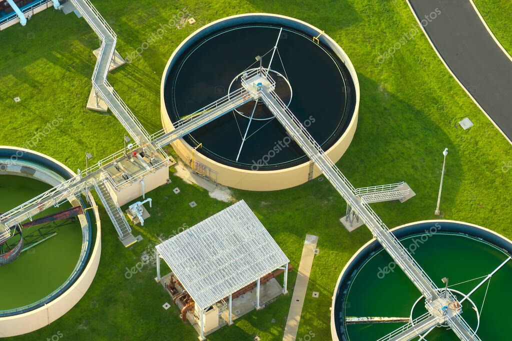 Aerial view of modern water cleaning facility at urban wastewater ...