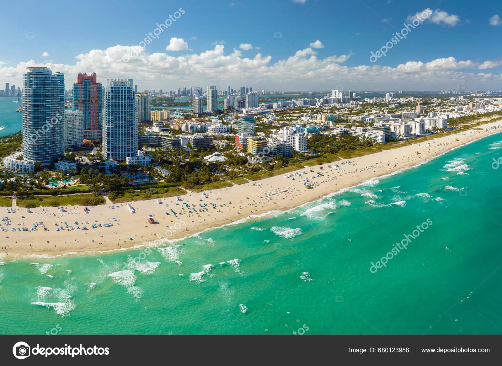 Aerial View South Beach Sandy Surface Tourists Relaxing Hot Florida ...