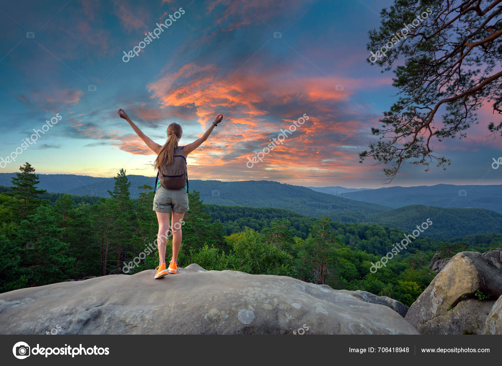 Sportive Woman Standing Alone Hillside Trail Raised Arms Female Hiker — Stock Photo © bilanol.i ...