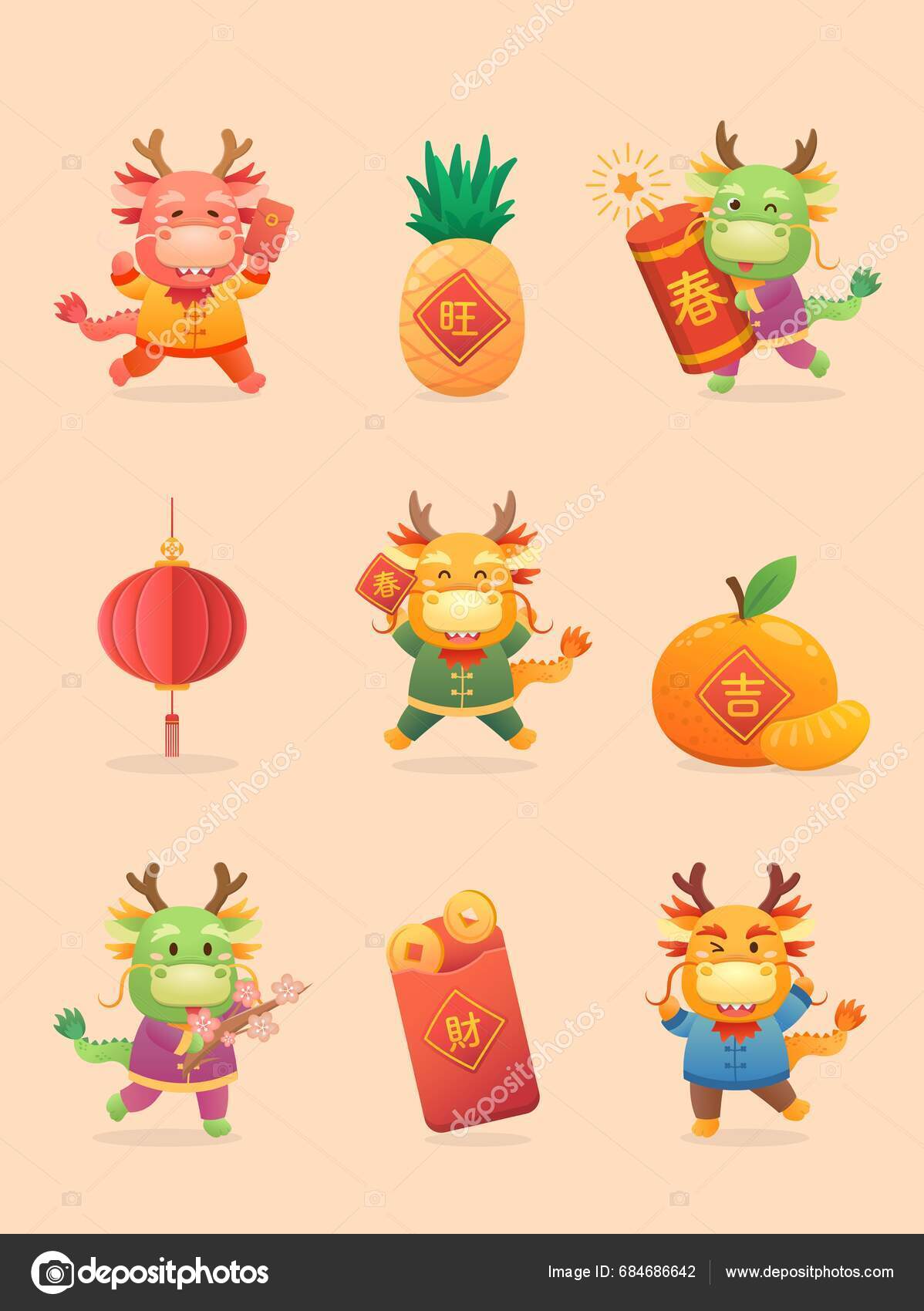 Set Karakter Naga Cina Lucu Atau Maskot Karakter Kartun Lucu Vektor ...