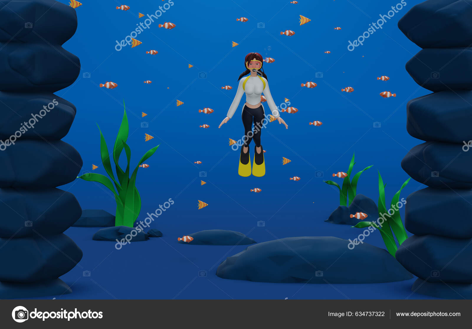 Rendering Underwater Scuba Diver Explore Enjoy Coral Reef Sea Life ...