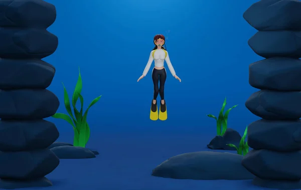 Rendering Underwater Scuba Diver Explore Enjoy Coral Reef Sea Life ...