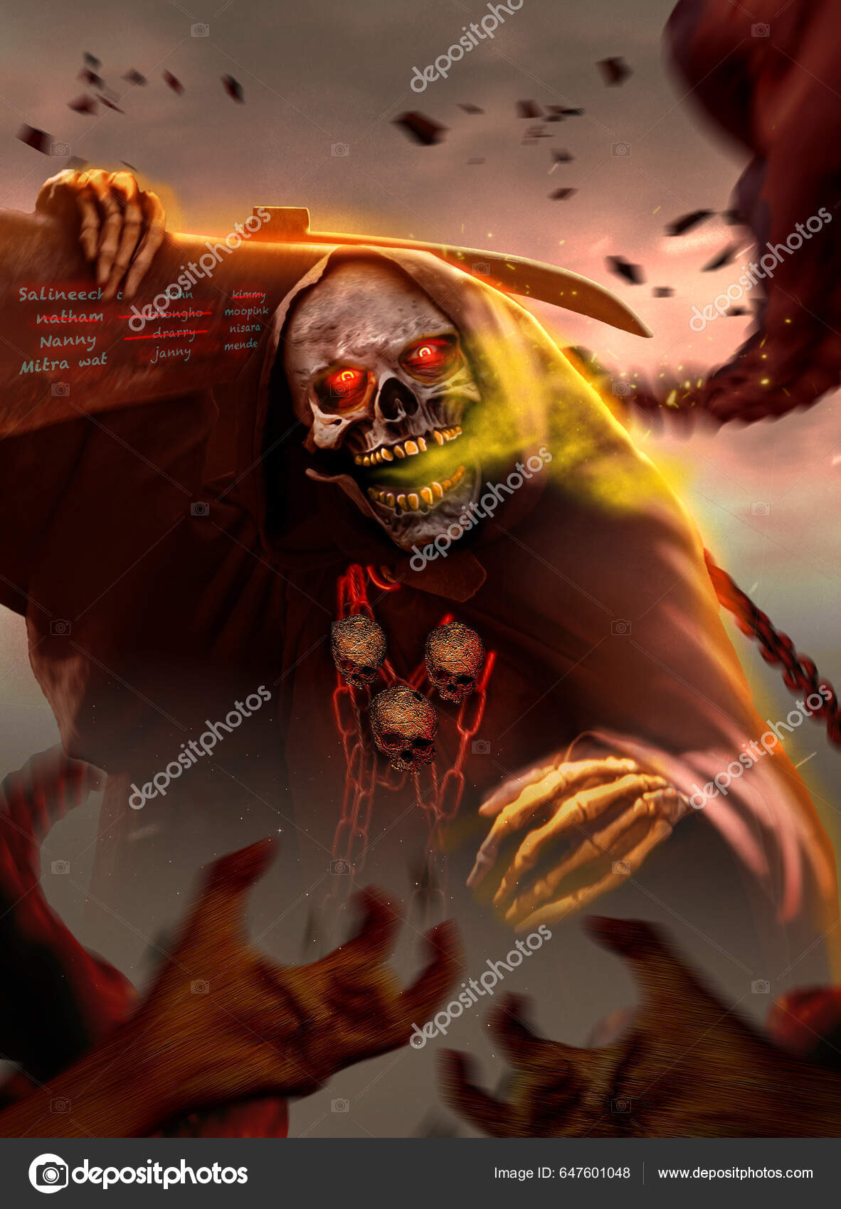 Rendering Image Death Black Clothes Scythe His Hands Black Hood — Stock ...