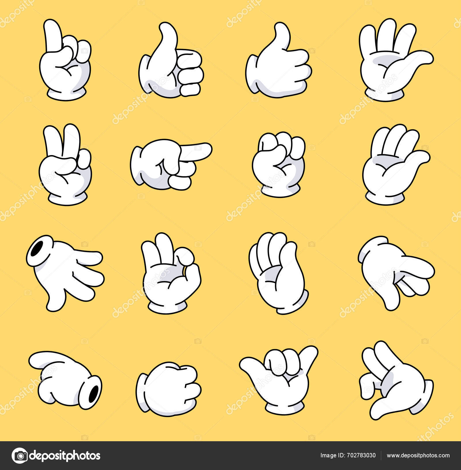 Comic Hands White Gloves Different Types Hand Gestures Palms Different ...