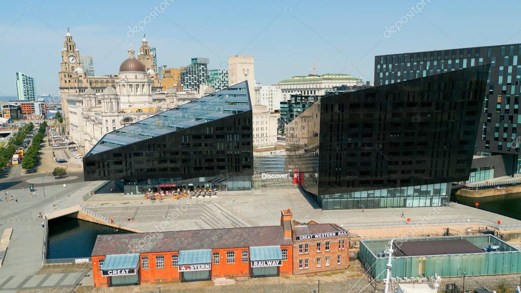 The modern buildings of Pier Head in Liverpool - aerial view ...