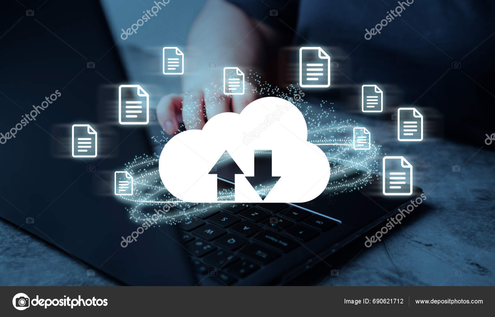 Woman Use Laptop Digital Cloud Computing Diagram Interface Data Storage ...