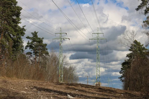 High voltage poles and power lines in a clearing in the forest - Stock ...