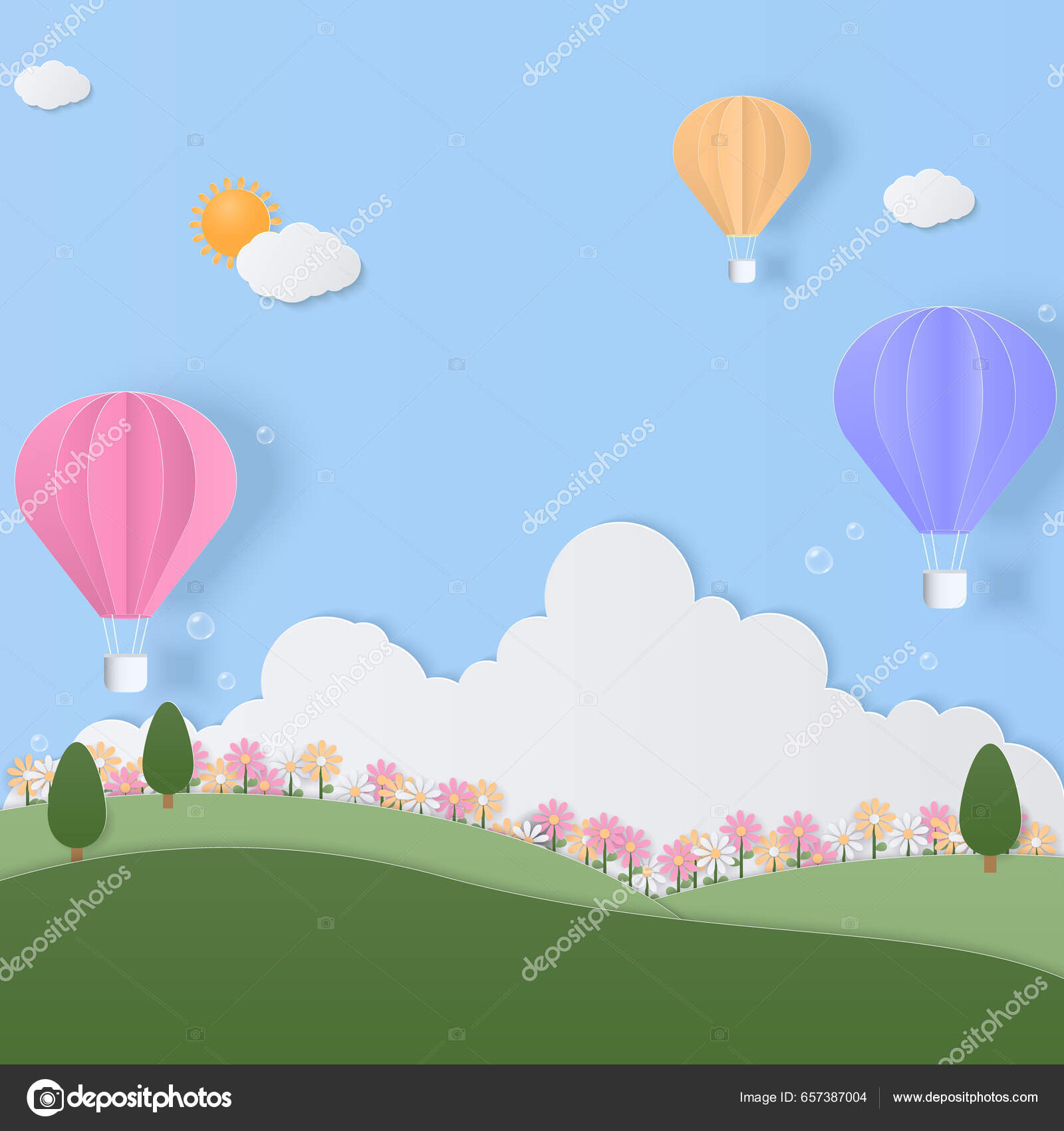 Spring Summer Background Concept Pastel Hot Air Balloon Flying Sky ...