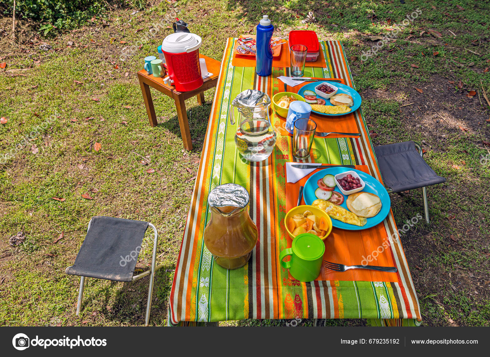 Camping Stools Picnic Table Forest Camping Site Fresh Water Juice ...