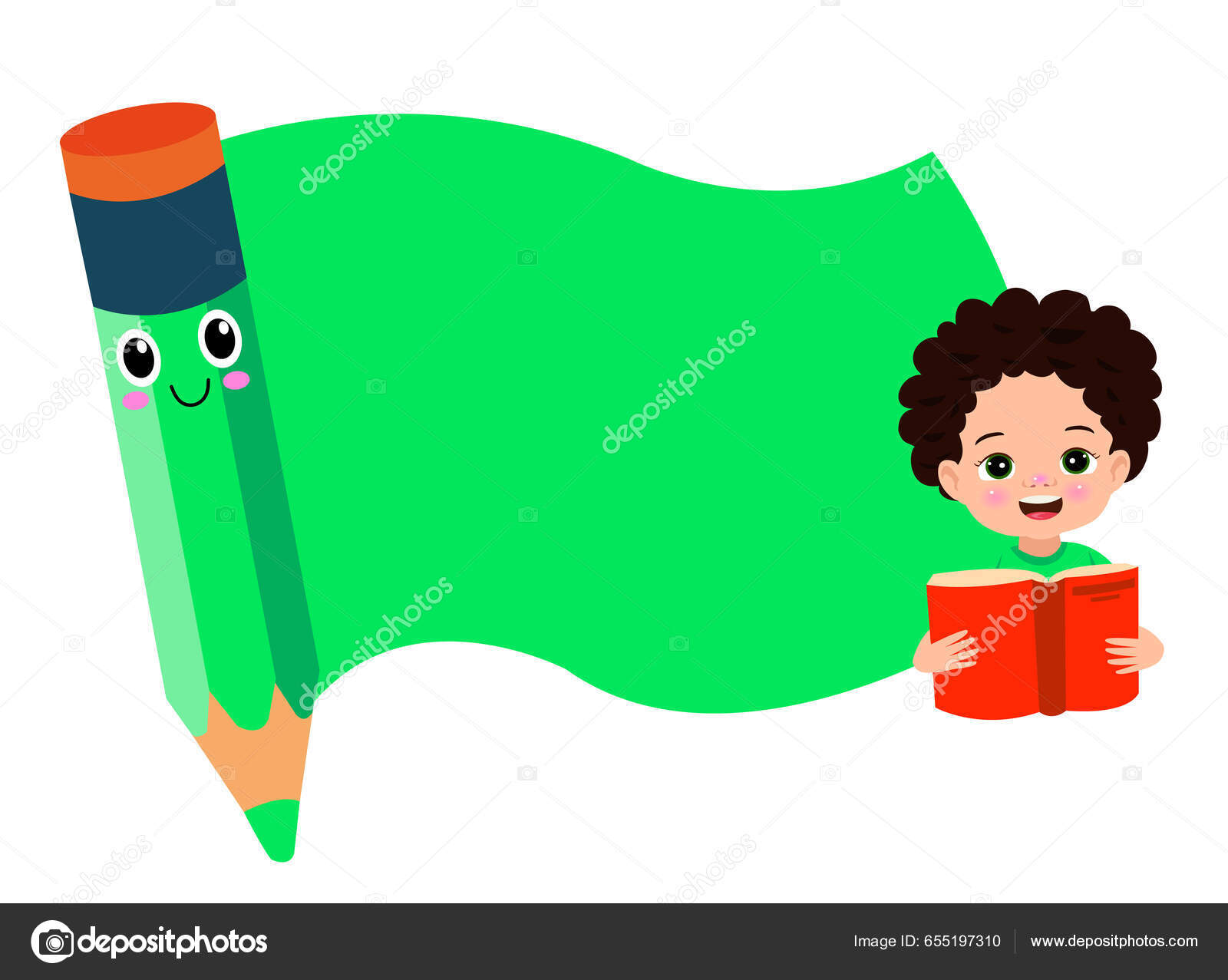 Niño Está Leyendo Libro Con Lápiz Letrero Que Dice Feliz Vector de ...