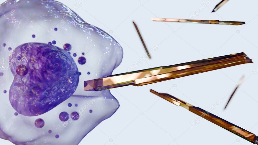 Una representación 3D de los glóbulos blancos envuelven los cristales ...