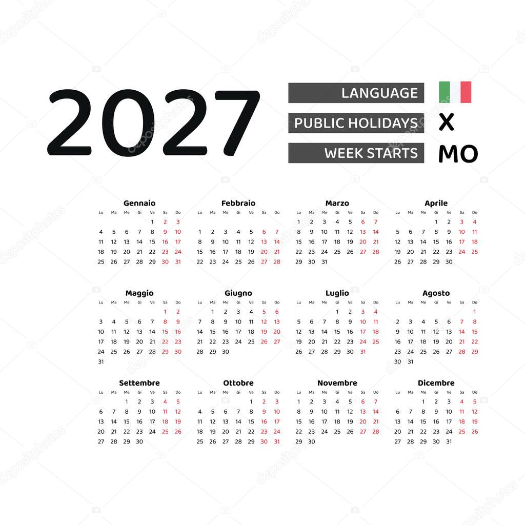 Calendario 2027 Lengua italiana con días festivos en Italia. La semana ...