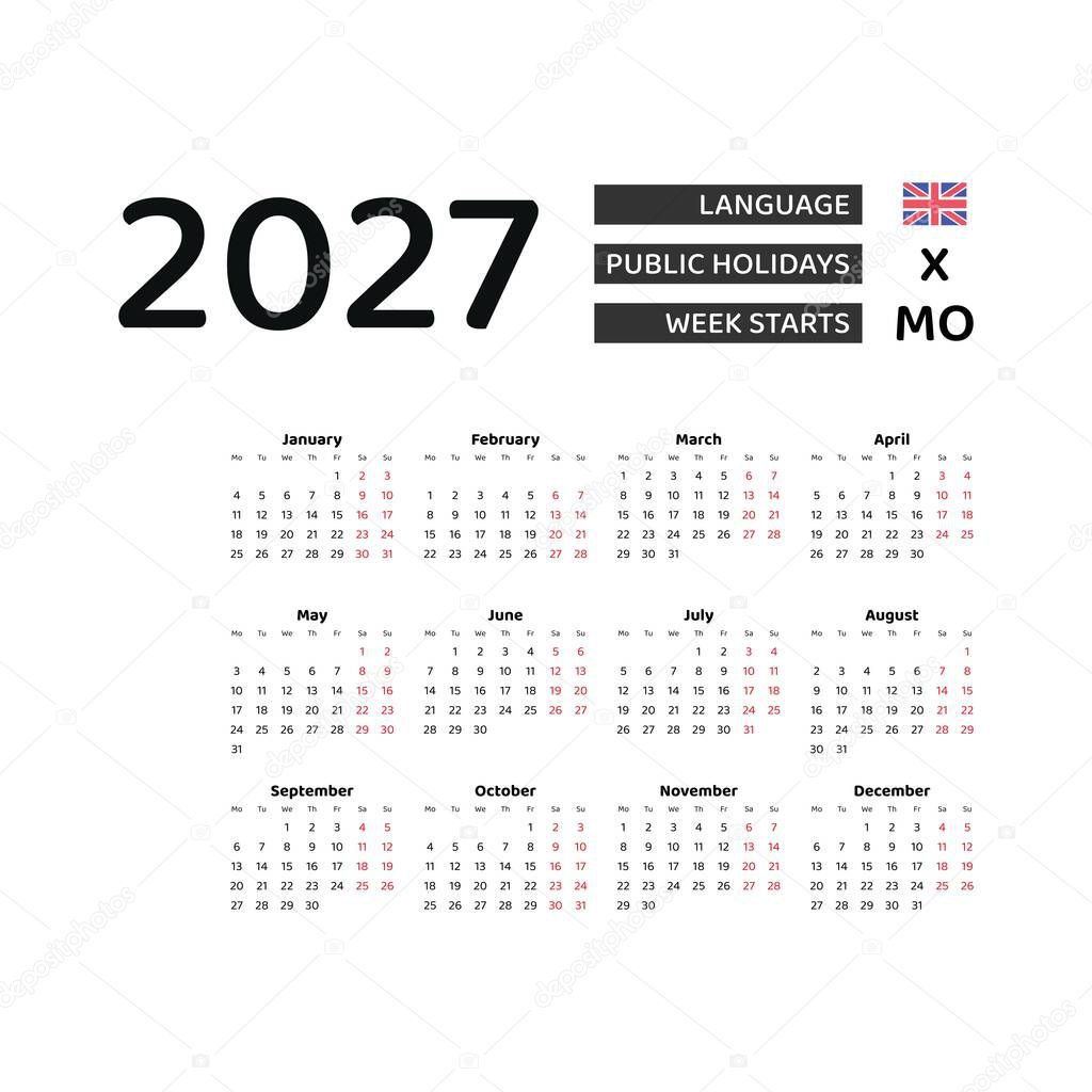 Calendario 2027 Idioma ingl s con d as festivos del Reino Unido. La ...