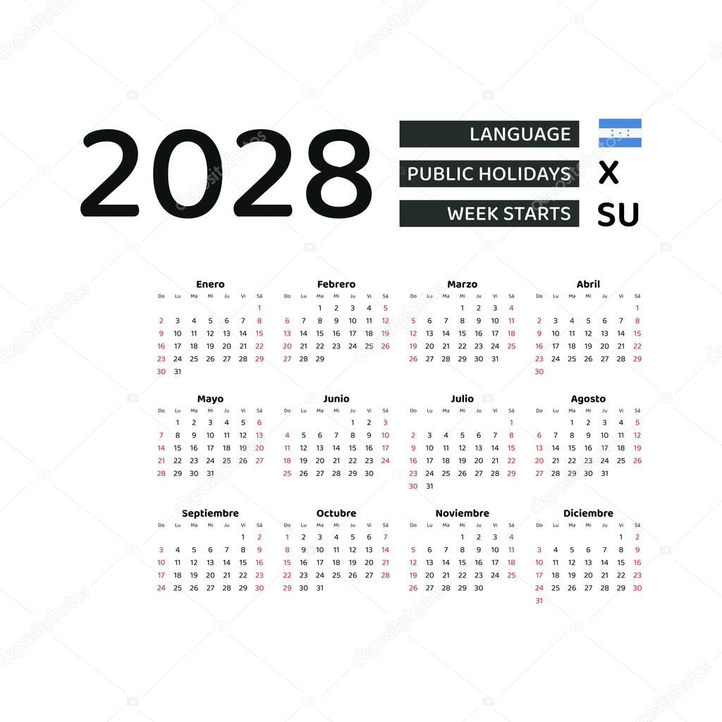 Calendario 2028 Lengua española con festivos en Honduras. La semana comienza el domingo. Diseño ...