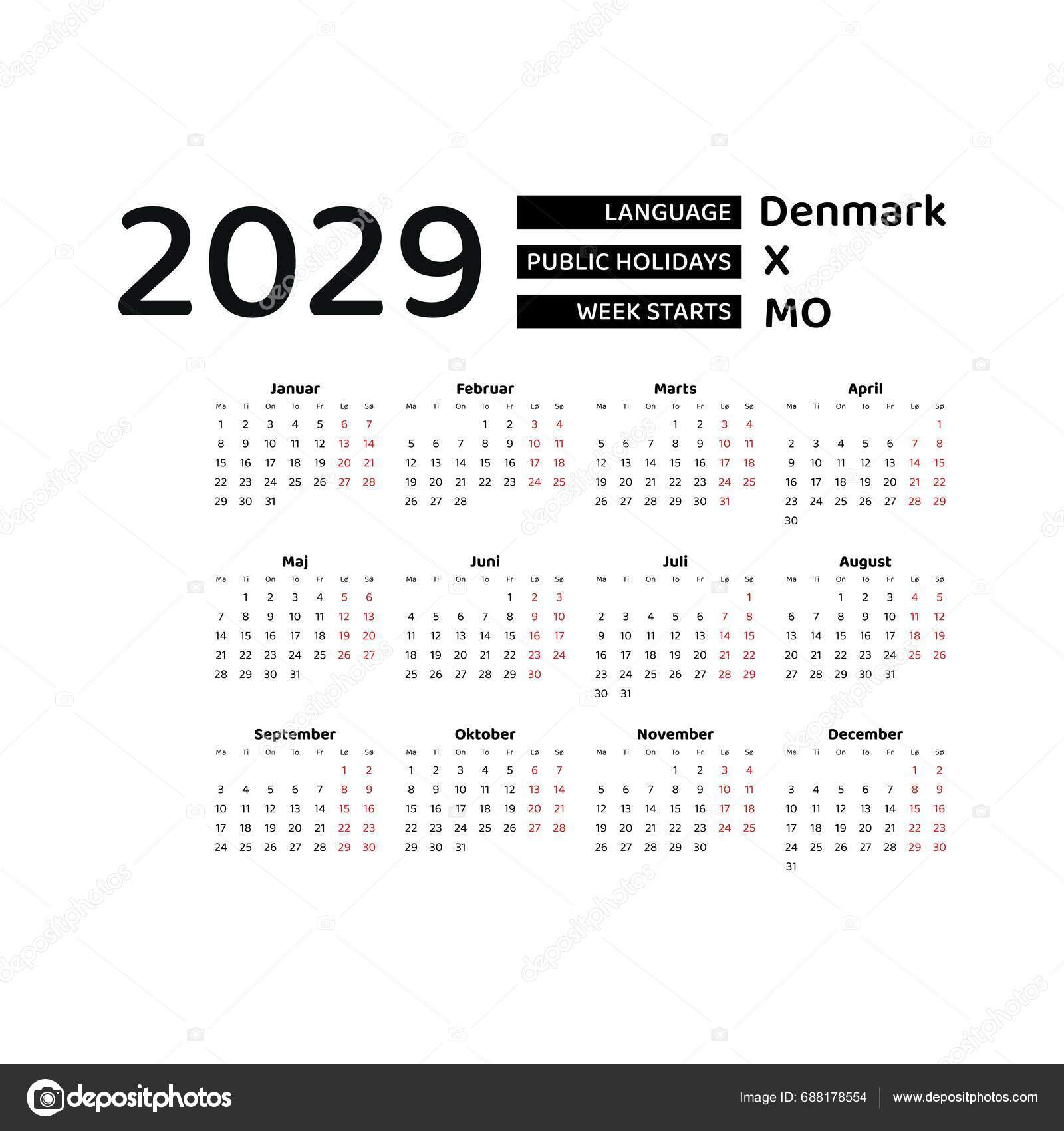 Calendar 2029 Danish Language Denmark Public Holidays Week Starts ...