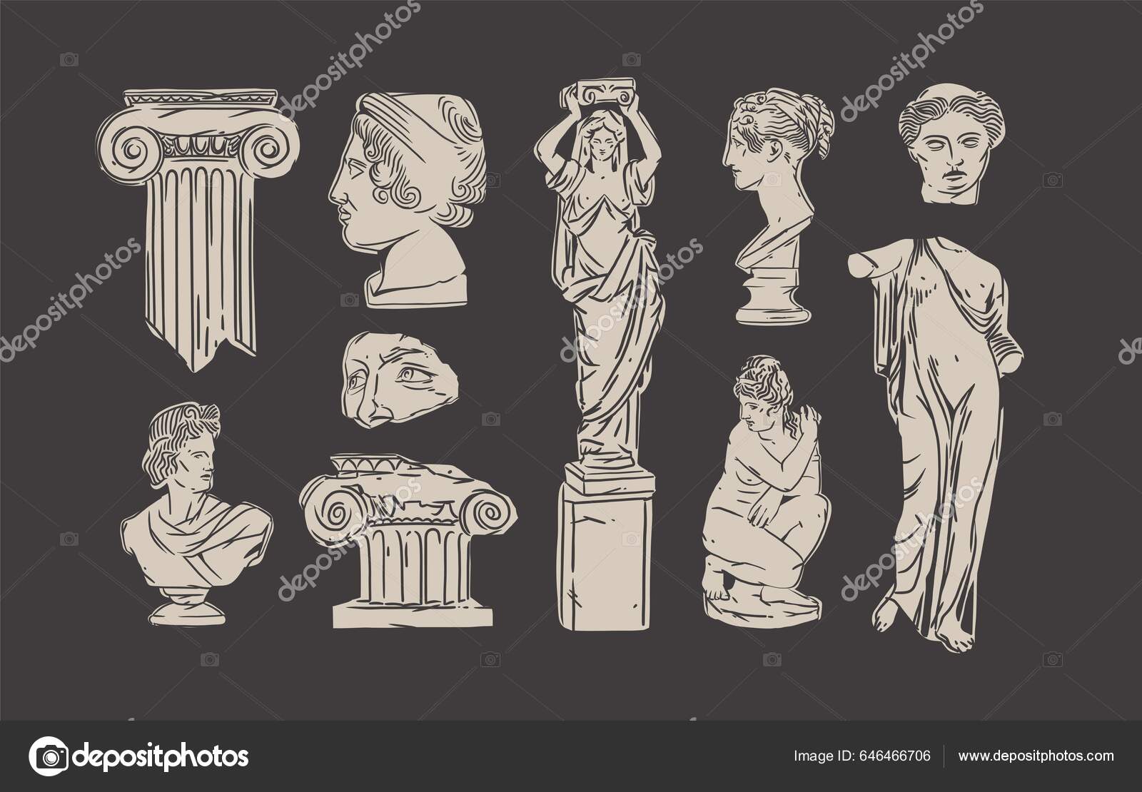 Hand Drawn Vector Abstract Outline Graphic Line Greek Ancient Sculpture ...