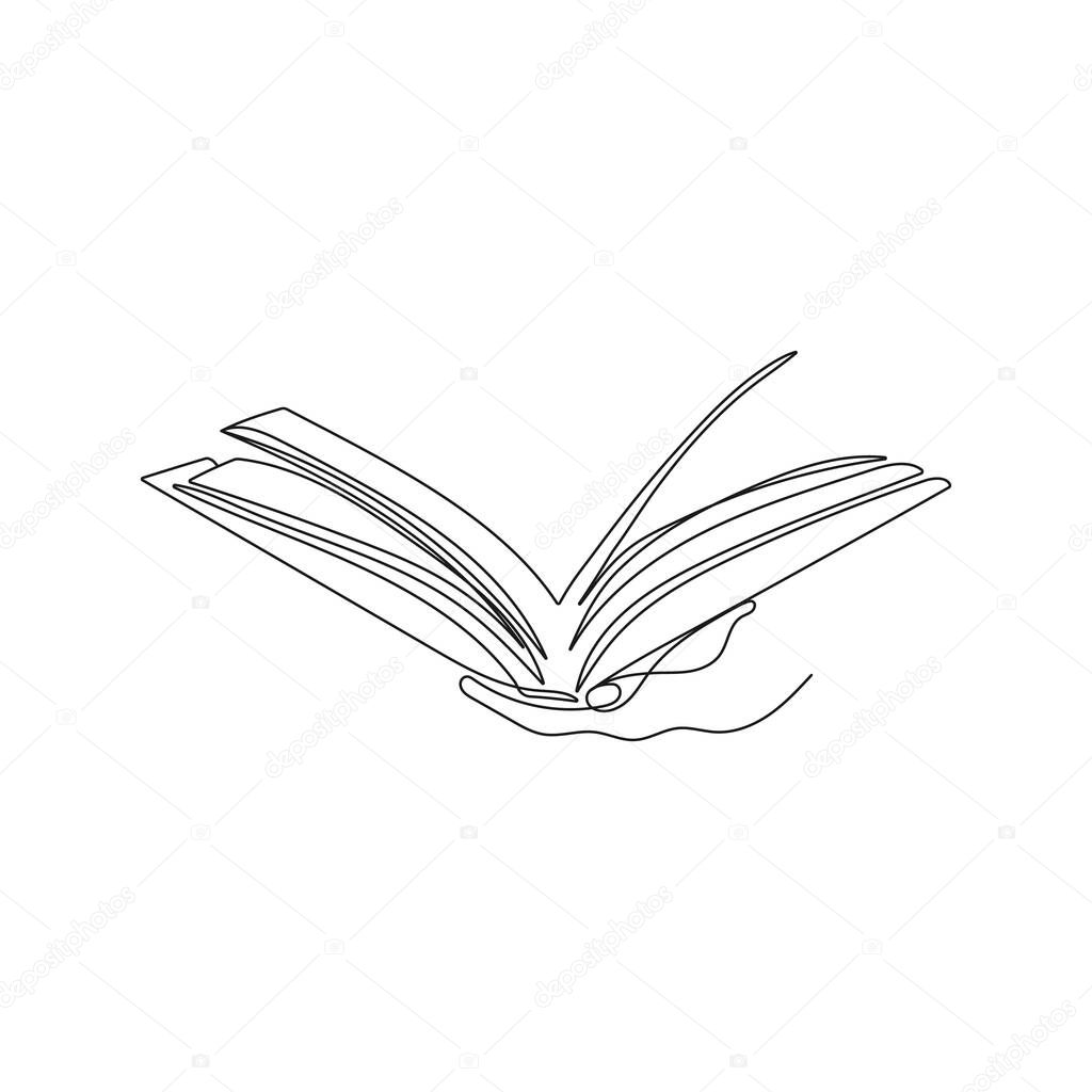 Mano sosteniendo libro abierto en un estilo de dibujo de línea. Lectura ...