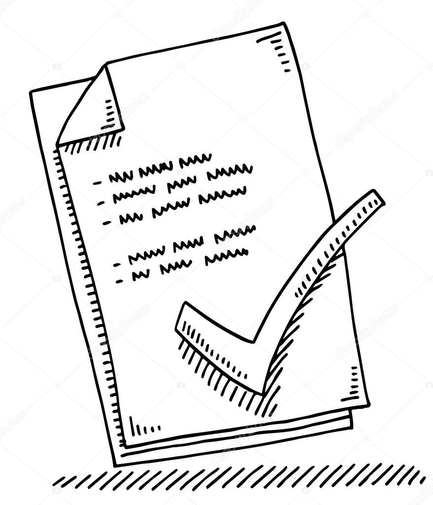 Hand-drawn vector drawing of a Check Mark and a Paper Sheet. Black-and ...