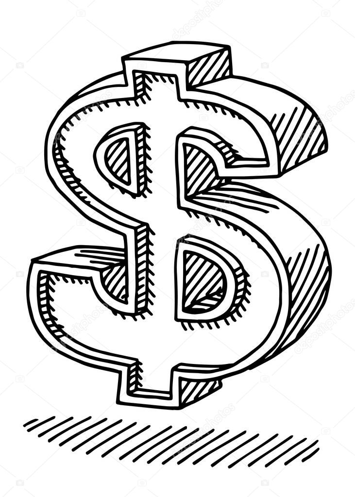 Hand-drawn vector drawing of a 3D Dollar Currency Symbol. Black-and ...