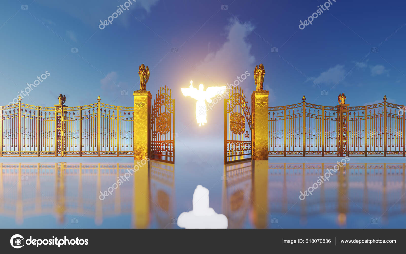 Golden Gates Heaven Opening Reveal Glowing Floating Angel — Stock Photo ...