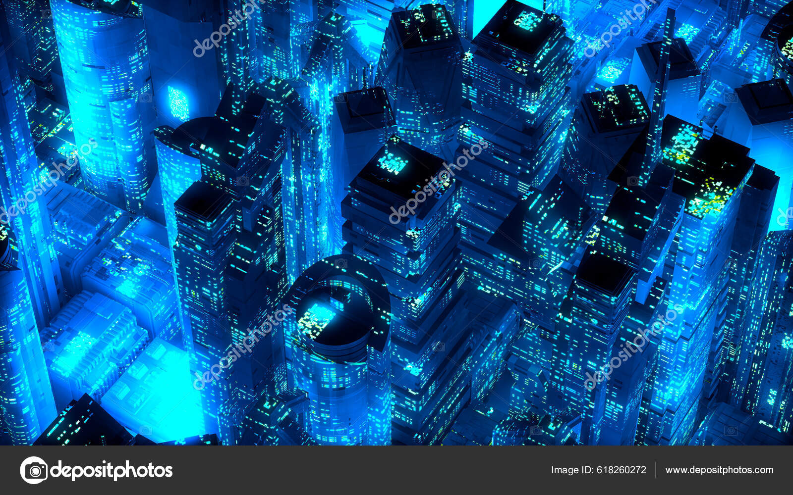 Blue Neon City Skyscrapers Modern Technology Concept Stock Photo by ...