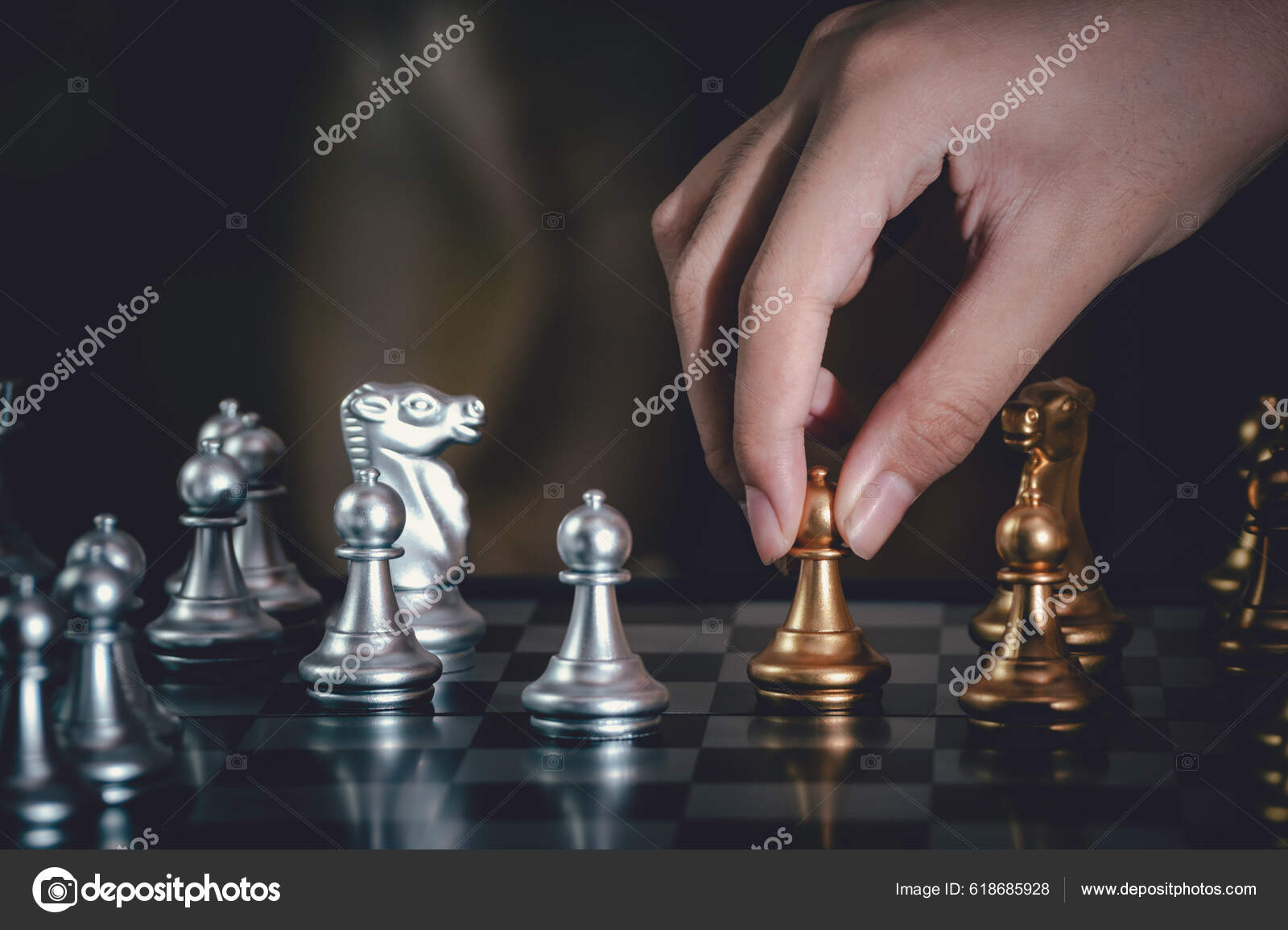 Hand Businessman Moving Silver Pawn Chess Fighting Board Gold Chess ...