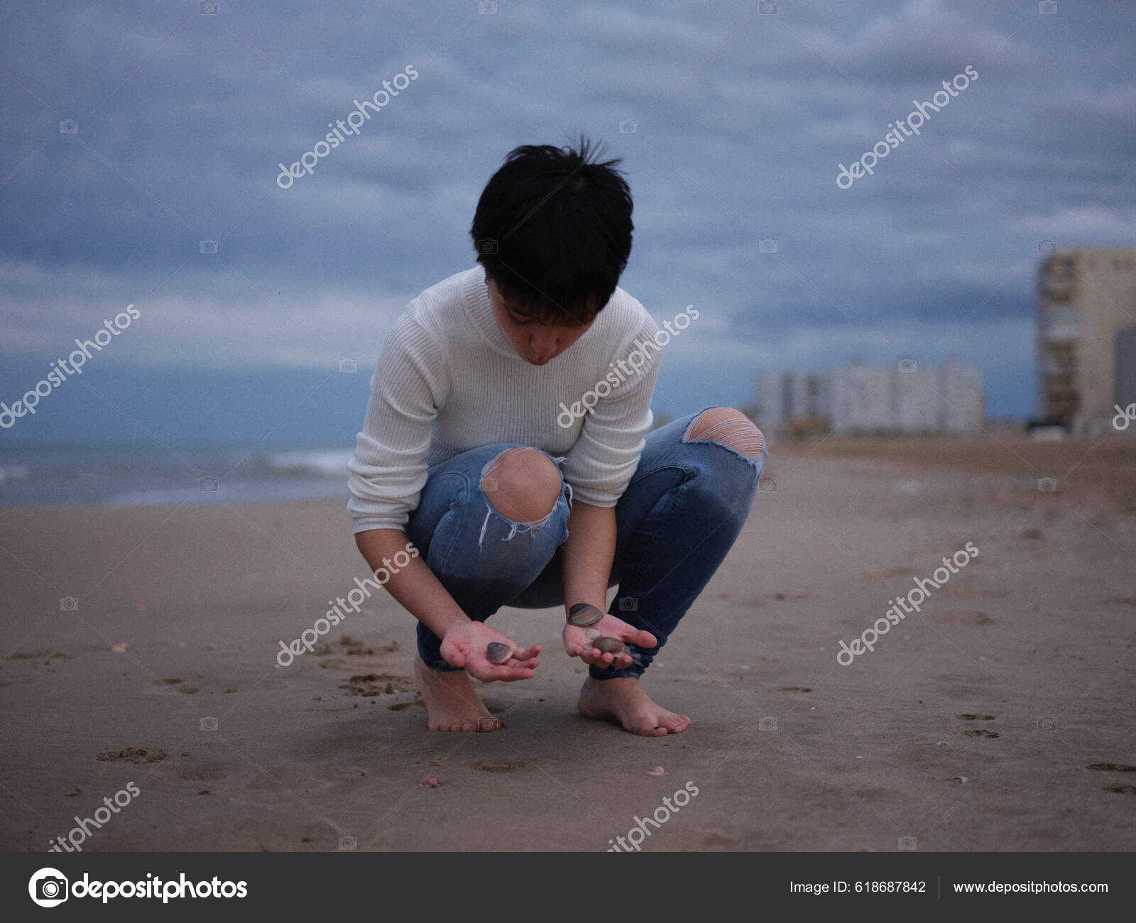 Young Girl Squatting Beach Looking Shells Sand — Stock Photo © YAY ...