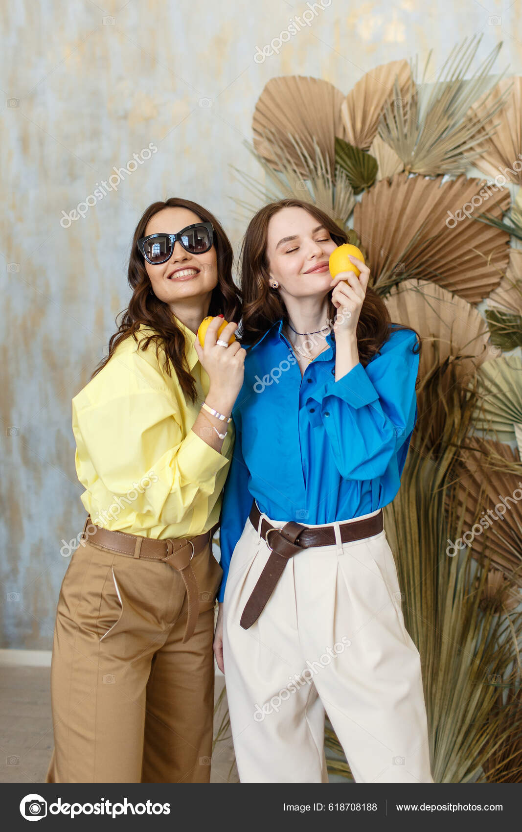 Two Girls Models Have Fun Smile Photo Studio Expression Emotions Stock ...